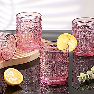 6 Pack Pink Vintage Glassware Set, 10oz Romantic Drinking Glasses, Colored Water Glasses, Pink Embossed Glass Cups for Juice, Cocktails, Beer, Iced Tea, Soda