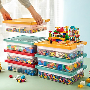 Toys Storage Organizer Box for Lego, Toy Storage Box with Building Plate Lid and Removable Tray, Building Block Storage, Stackable Plastic Organizer Bins(Yellow)