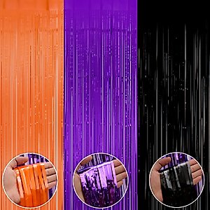 Halloween Backdrop Curtains 3 Pack 8.5X9.84 ft Halloween Party Photo Backdrop Black Orange Purple Photo Booth Props Metallic Tinsel Foil Fringe Curtain for Halloween Party Decoration Supplies