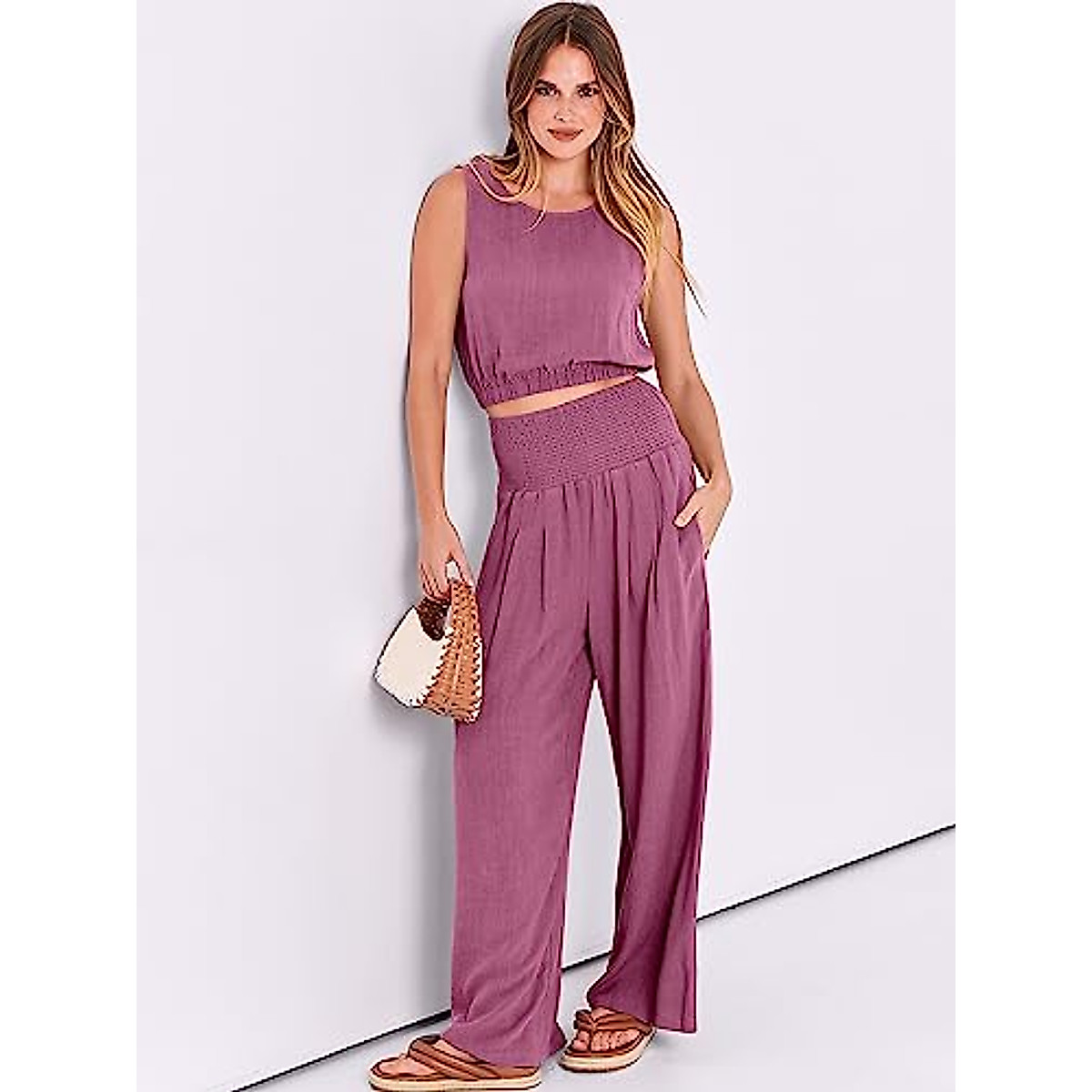 ANRABESS Women's 2 Piece Linen Lounge Set Casual Matching Pants Jumpsuit Summer Beach Travel Vacation Trendy Outfits X-Large