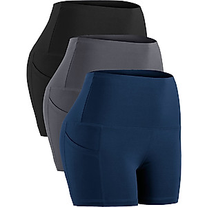 CADMUS High Waist Athletic Shorts for Womens Yoga Fitness Workout Running Shorts with Deep Pockets,3 Pack,1016,Black & Grey & Navy Blue,Medium