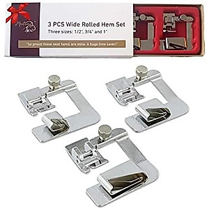 Madam Sew Rolled Hem Presser Foot Set – 3 Piece Wide Hemmer Foot Kit Includes 1/2”, 3/4" and 1” Presser Feet – Compatible with Singer, Brother, Babylock, Euro-Pro, Janome and More