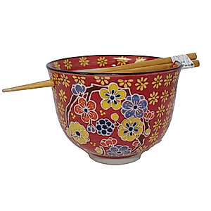 Needzo Red Floral Bowl with Chopsticks Holder and Wood Chopstick Set, Dish for Ramen, Pho, Soup, 5 x 4 Inches