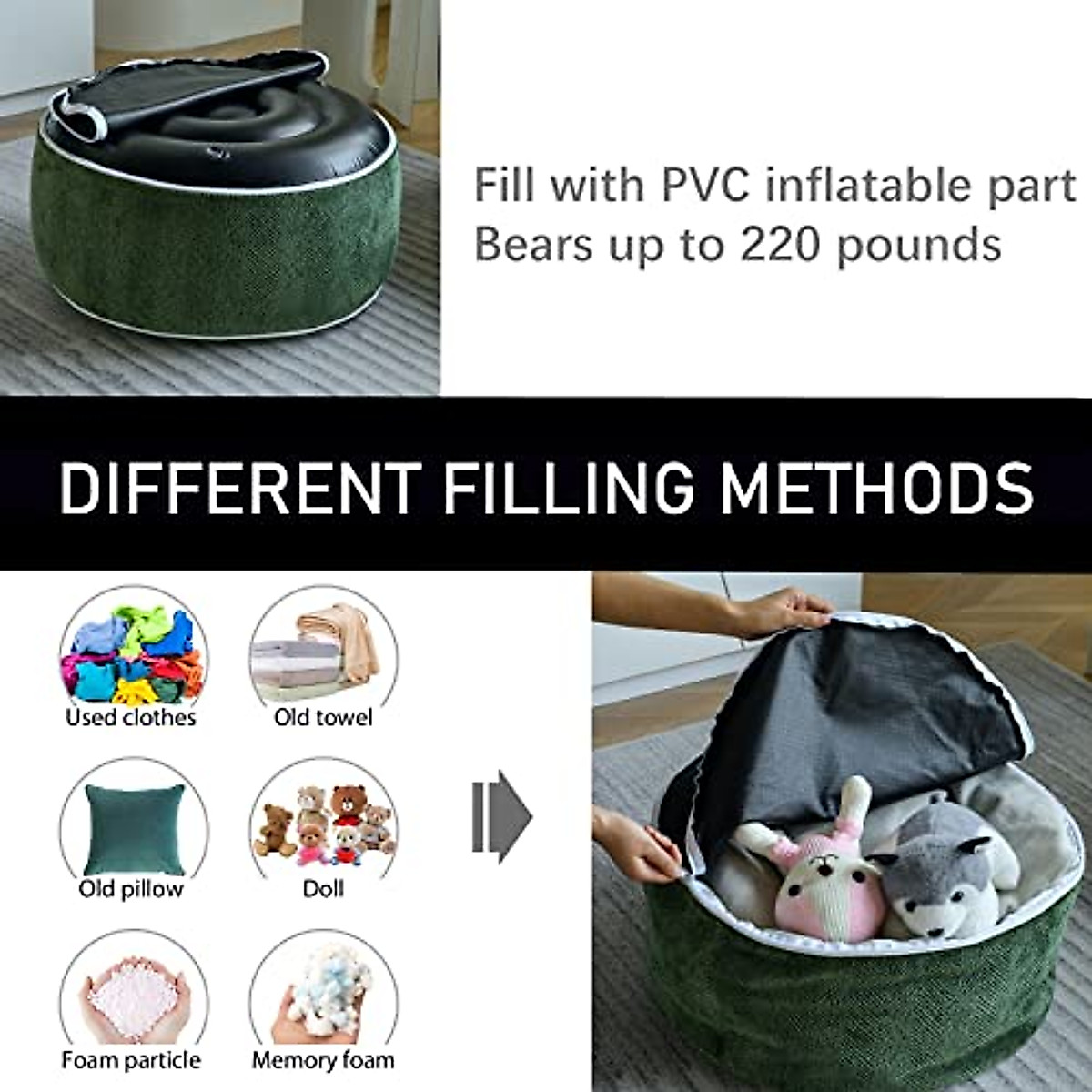 weruisi Stuffed Pouf Ottoman, 21x10 Inches Chenille Ottoman with Inflatable PVC Liner, Foot Rest with Portable Handle, Round Floor Pillow for Living Room, Bedroom, Kids Room (Green)