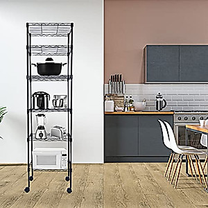 YSSOA Heavy Duty 6-Shelf Shelving with Wheels, with Hanging Hooks, Wire Shelving, Adjustable Storage Units, 17'' D x 11'' W x 63'' H, 6 Tier, Black