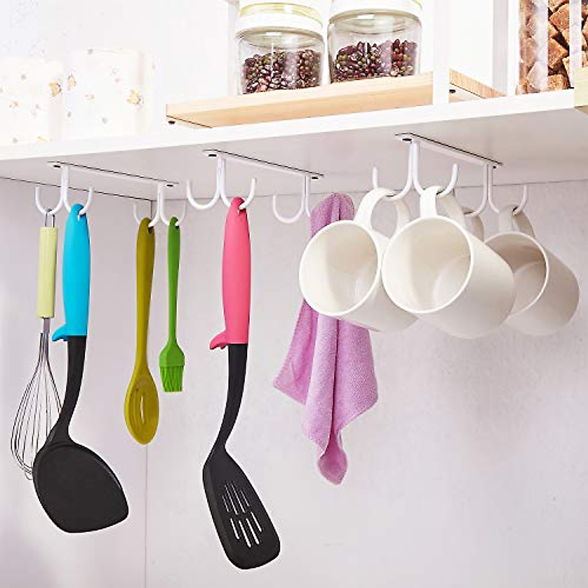 Mug Rack Under Cabinet - Coffee Cup Holder, 12 Mugs Hooks Under Shelf, Display Hanging Cups Drying Hook for Bar Kitchen Utensils White