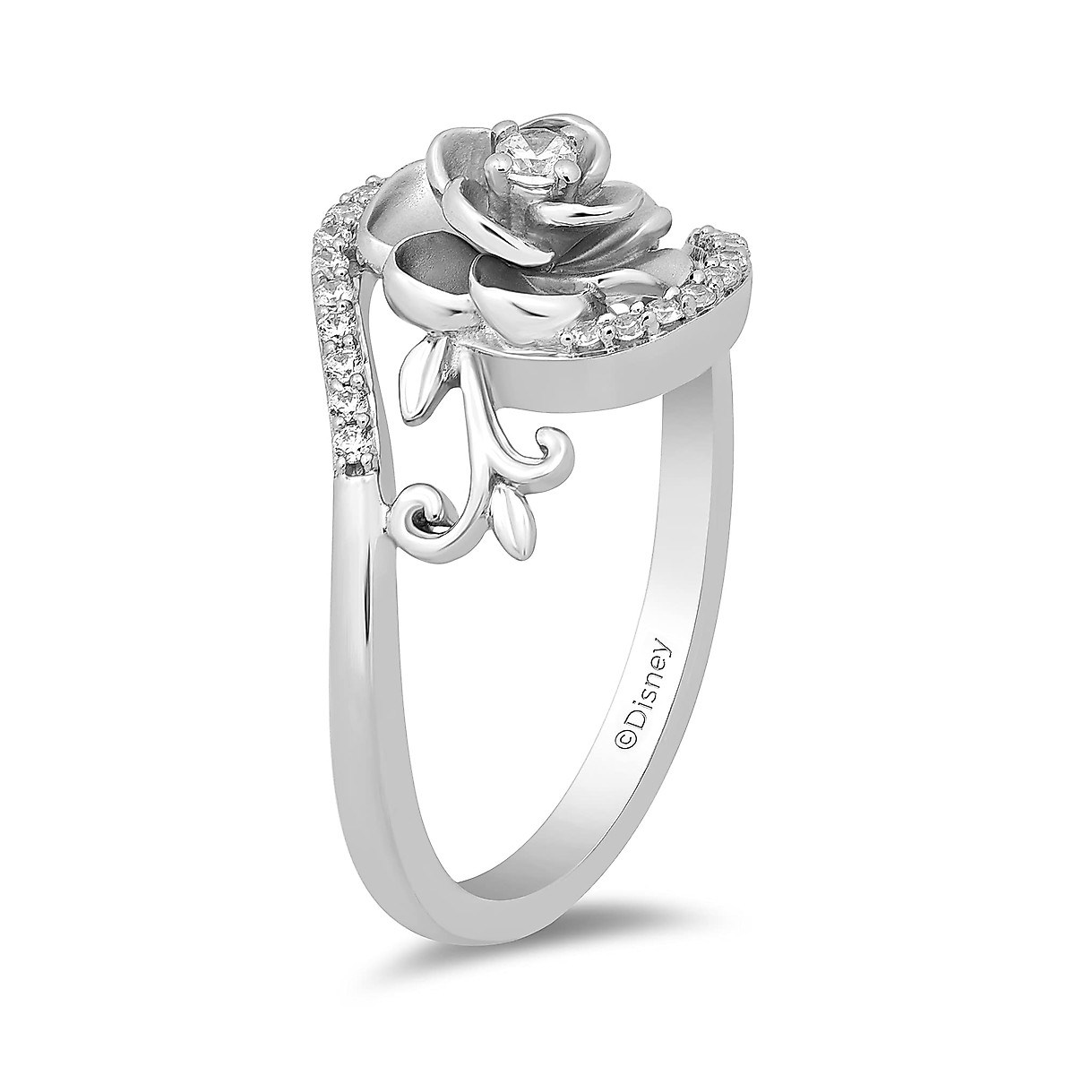 Jewelili Enchanted Disney Fine Jewelry Sterling Silver 1/5 Cttw Natural White Round Diamond Cinderella 70th Gardania Flower Fashion Ring, Size 7