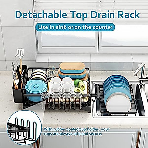 Dish Drying Rack Large Dish Rack, 2 Tier Dish Racks for Kitchen Counter, Extra Roll-Up Kitchen Sink Drying Rack, Rustproof Stainless Steel Dish Drainer with Drainboard Set Utensil Holder Cup Rack