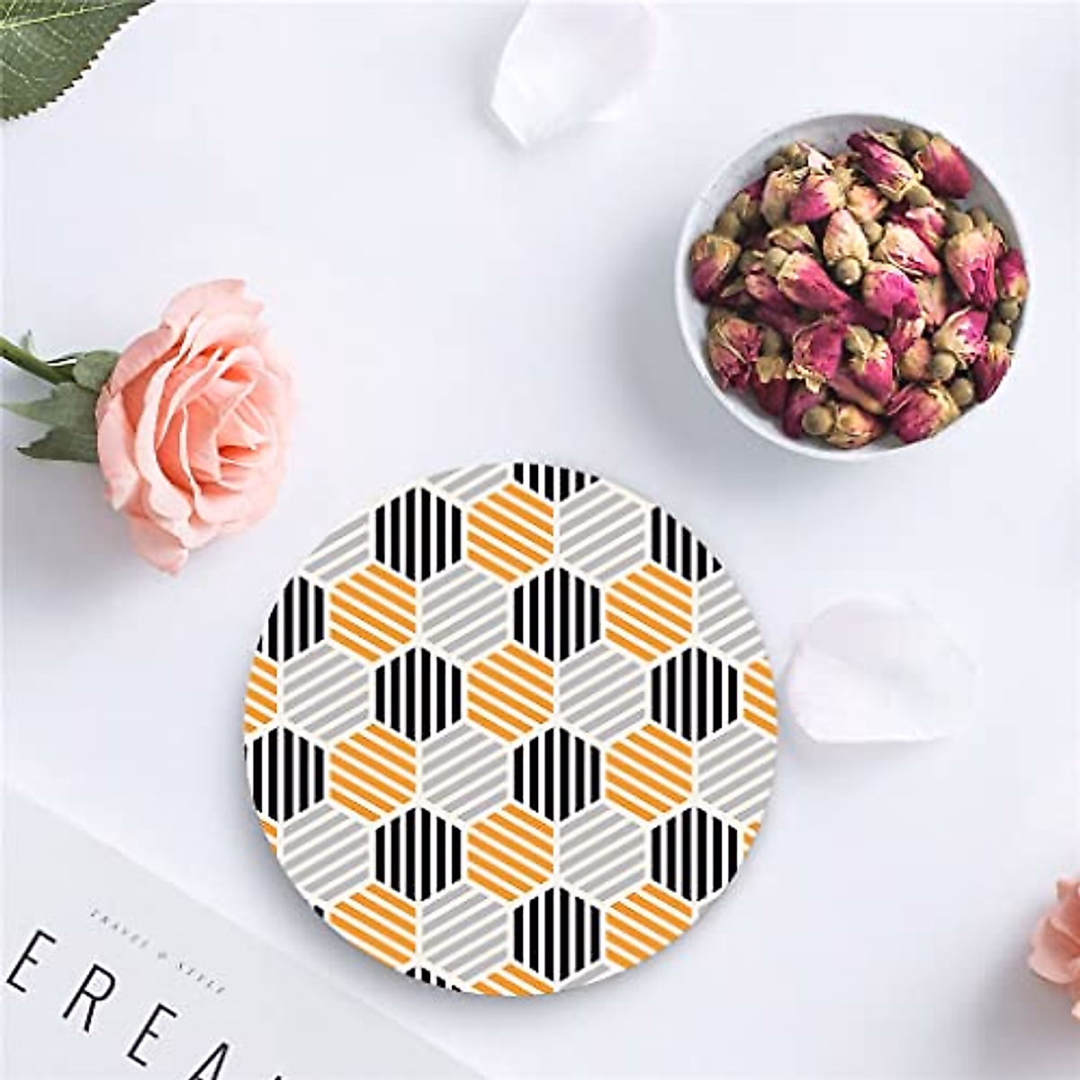 QUANJJ Art Hexagon Stripes Coasters Ceramic Set Round Absorbent Drink Coaster Coffee Tea Cup Placemats Table Mat (Color : D, Size : 6pcs)