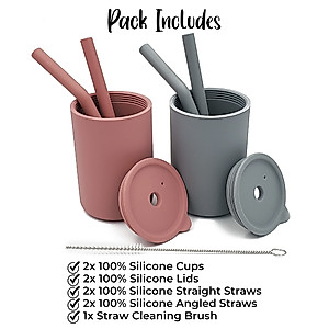 Cascade Kids Silicone Kids Cups with Straws - Set of 2, Unbreakable Training Cup with Straw for Babies and Toddlers for less mess, BPA-Free Silicone Baby cup, 6+ Month, 6oz, (Rose Pink/Stone Grey)