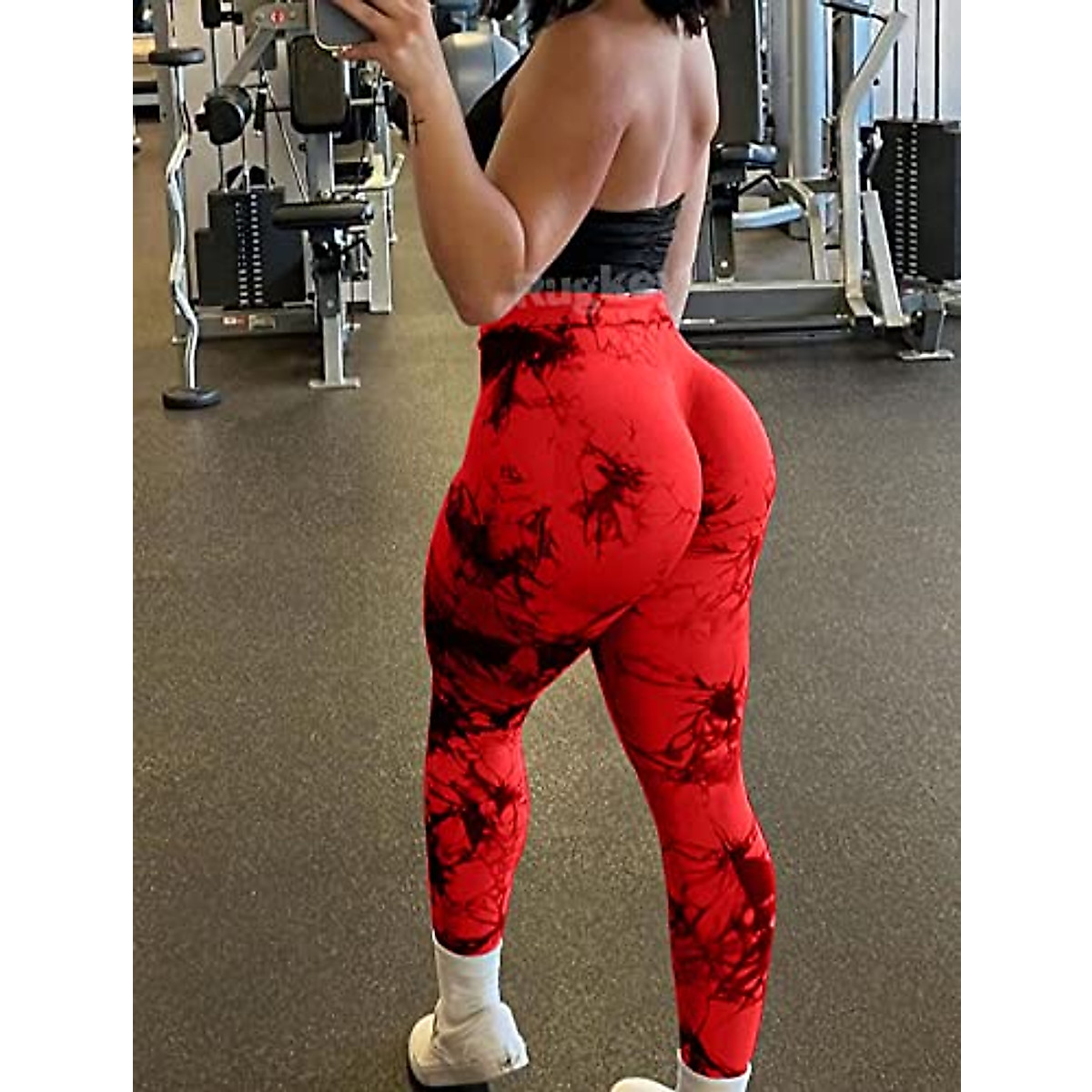 Rugkey Scrunch Butt Lift Leggings for Women Tie Dye High Waist Seamless Gym Workout Yoga Pants Ruched Booty Compression Tights Red XL
