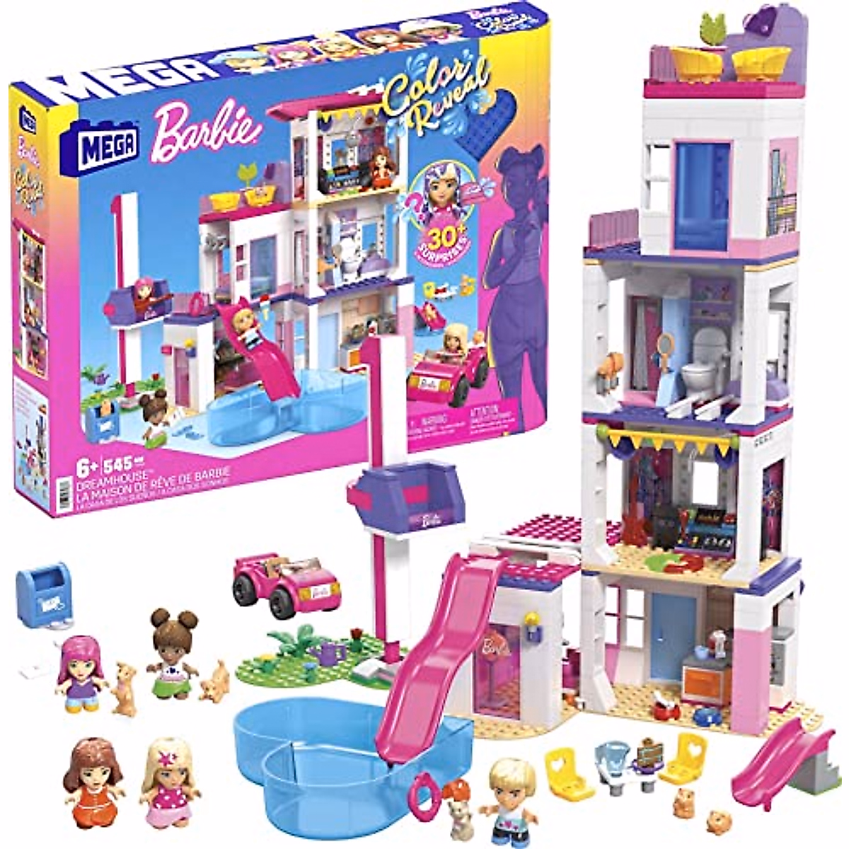 MEGA Barbie Color Reveal Building Toy Playset For Kids, Dreamhouse With 545 Pieces, 30+ Surprises, 5 Micro-Dolls, Accessories and Furniture