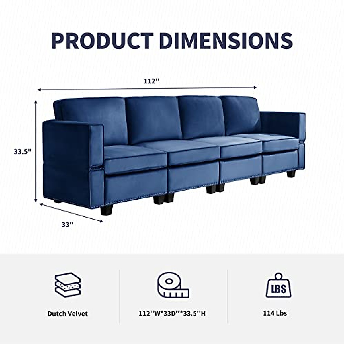 ZAFLY Sectional Sofa, 4 Seat Convertible Modular Blue Couch with Adjustable Backrest and Armrests I Shaped Sleeper Comfy Couches for Living Room