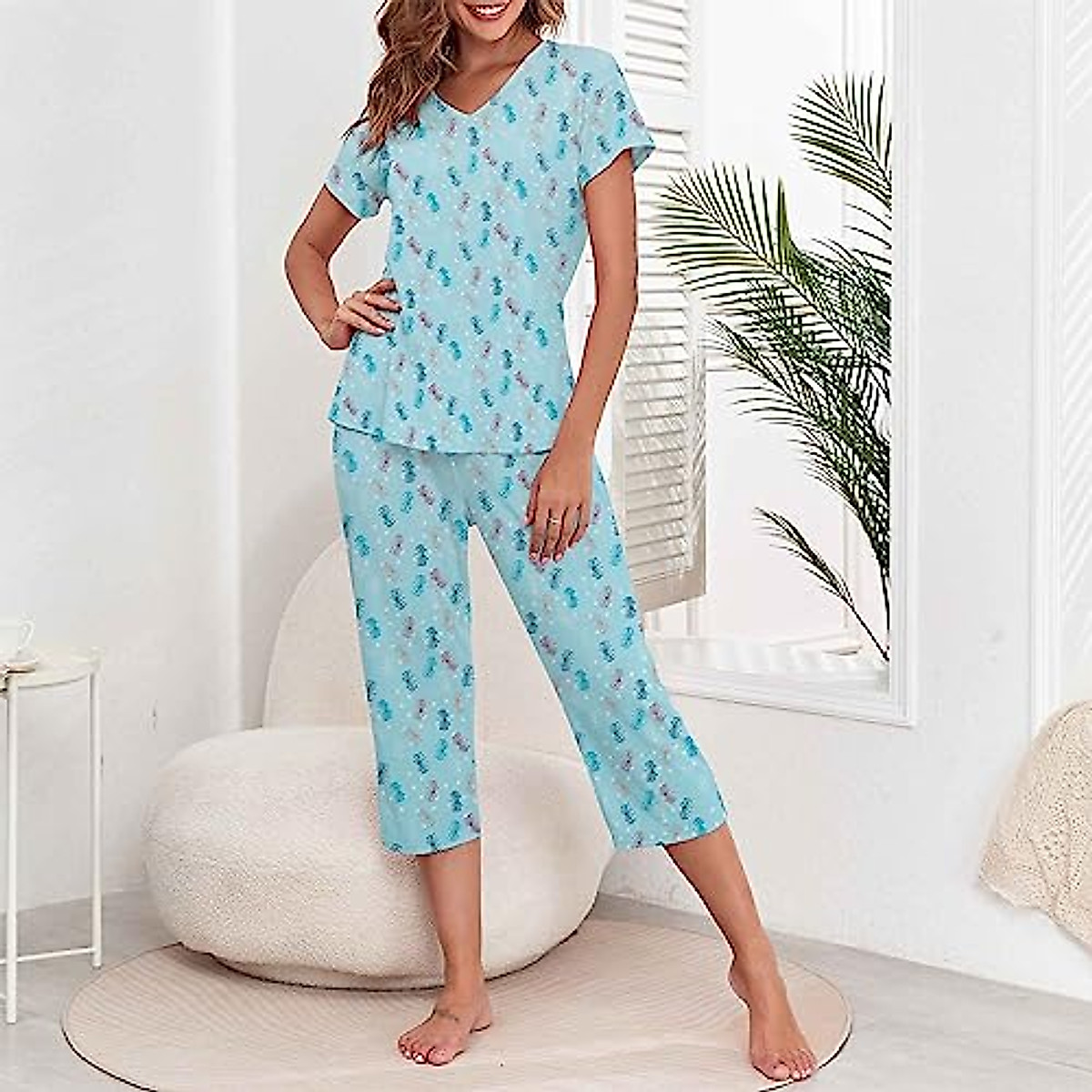 Women Summer Pajamas Soft Sleepwear Top with Capri Pants Ladies ShortSleeve Cotton Pajamas Sets Blue Butterfly Large