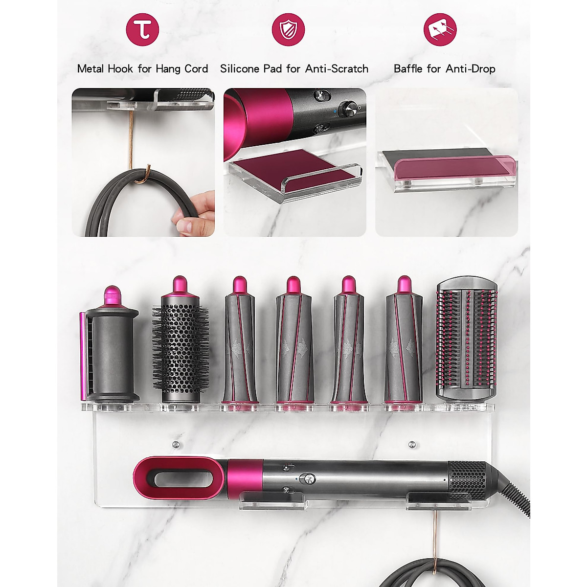 Affogato Acrylic Wall Mount Holder Compatible with Dyson Airwrap Styler and Accessories Organizer Rack for Wand Brushes Barrels, Clear