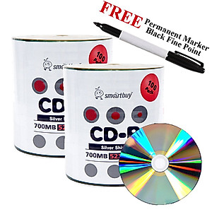 Smartbuy 200-disc 700mb/80min 52x CD-R Silver Shiny Blank Recordable Disc + Black Permanent Marker