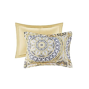 Madison Park Essentials Serenity Bed in a Bag Comforter Set, Medallion Damask Design, All Season Bedding with Cotton Sheet Set, Bedskirt, Queen(90"x90"), Yellow 9 Piece