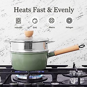 ROCKURWOK Ceramic Nonstick Sauce Pan, 3 QT Pot with Steamer, Non Toxic & PFAS-Free, Wooden Handle for Cool Touch, Universal Base(Gas, Electric & Induction), Green