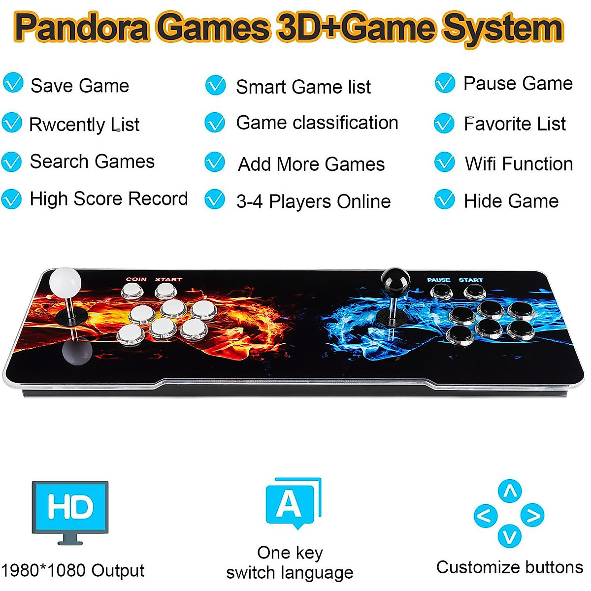 TOJASDN 10000 Games in 1 Pandora Box Arcade Game Console ， Box 3D Double Stick，WiFi Function to Add More Games，Retro Game Machine for PC & Projector & TV，1920x1080P,Favorite List,4 Players Online Game