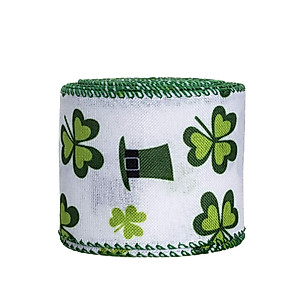 St Patrick's Day Wired Ribbon, 2 1/2 Inch by 10 Yards Emerald Green Shamrocks Lucky Ribbon for Gift Wrapping, Wreath and Party Decoration