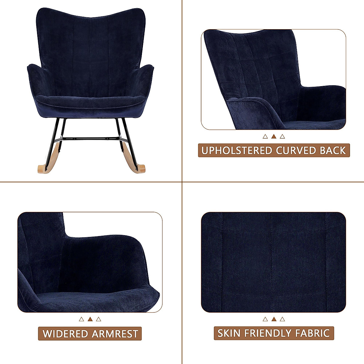 LSSPAID Rocking Chair Nursery Set of 1, Upholstered Glider Rocker with High Backrest Armchair Comfy Accent Glider Chair for Living Room, Bedroom, Nursery Room, Navy Blue