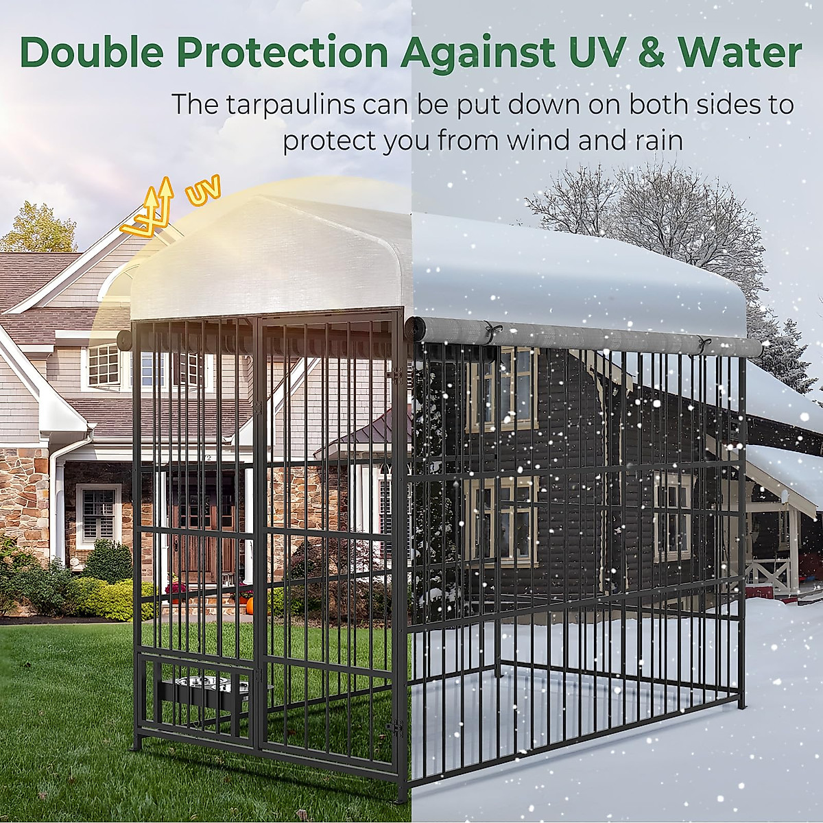 Lyromix Dog Kennel Outdoor with Waterproof Roof and Rotating Feeding Doors, Outdoor Dog Kennel Playpen Crate with Secure Lock and Bowls, Large Heavy Duty Welded Wire Dogs Run Enclosure, 6.6'×3.9'×5.9'