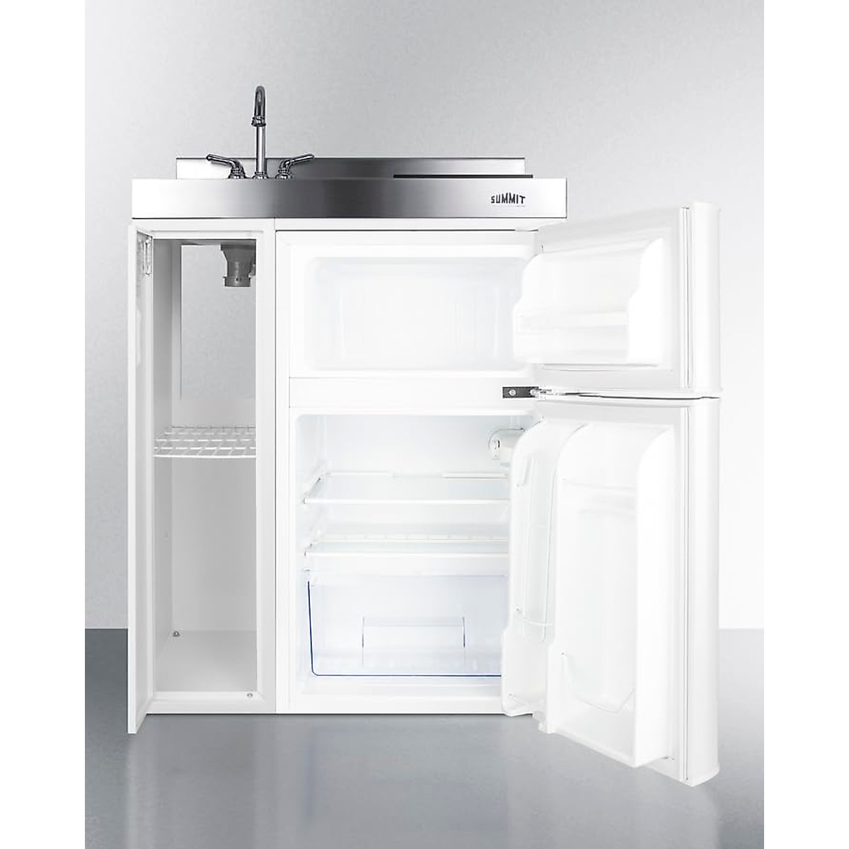 Summit C30ELGLASS 30 Kitchenette with 2 Element Cooktop Refrigerator with Freezer Sink and Faucet in White