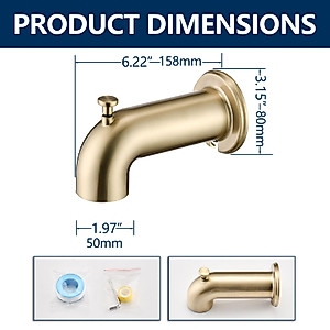 Sperwoesy Slip-On Tub Spout with Diverter Long for Bathtub Spout, Fit for 1/2 Inch Slip Pipe, Brushed Gold