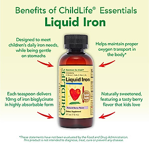 CHILDLIFE ESSENTIALS Liquid Iron - Liquid Iron Supplements for Kids, Iron Drops, Toddler Iron Supplement, Iron Liquid, Iron for Kids, Baby Iron Supplement, Gluten Free - Natural Berry, 4 Fl Oz