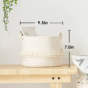 CherryNow Small Woven Storage Baskets Cotton Rope Decorative Hamper for Diaper, Blankets, Magazine and Keys, Cute Tassel Nursery Decor - Home Storage Container – 9.5'' x 7''