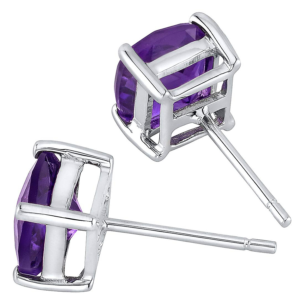 Peora Solid 14K White Gold Amethyst Stud Earrings for Women, Genuine Gemstone Birthstone, Hypoallergenic Solitaire, 6mm Cushion Cut, AAA Grade, 1.75 Carats total, Friction Back