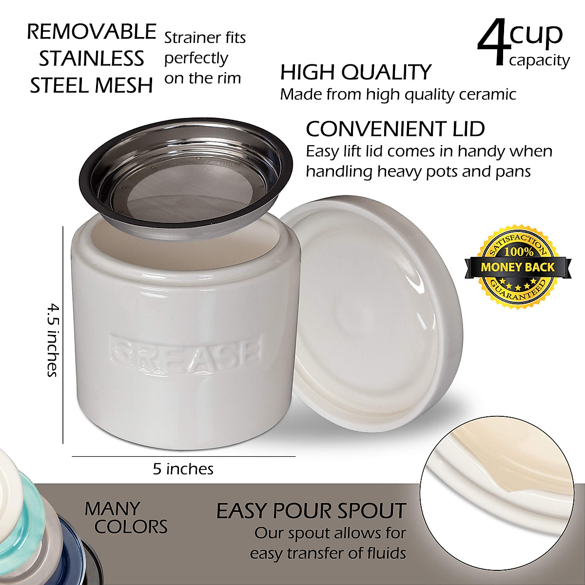 Ceramic Grease Container Keeper with Metal Stainless Steel Strainer and Lip for Easy Pour (Ivory)