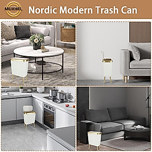 MUXHEL 1 Pcs Trash Can with Lid, White-Glod Trash Bin with Long Legs, PP Plastic Nordic Modern Waste Basket Dog Proof Trash Can for Indoor and Outdoor (4 Gallon)