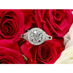 BeBold 2.5ct Round Cut Simulated Diamond CZ Halo Milgrain Engagement Ring for Women White Gold Plated Stylish