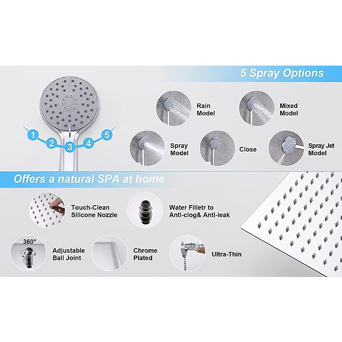 Bathroom Shower Kit, Fixed Shower Head and Handheld Shower, Round Replacement Overhead Rain Shower Head, Handheld Shower with Spray Mode, Universal, Water Saving (6in)