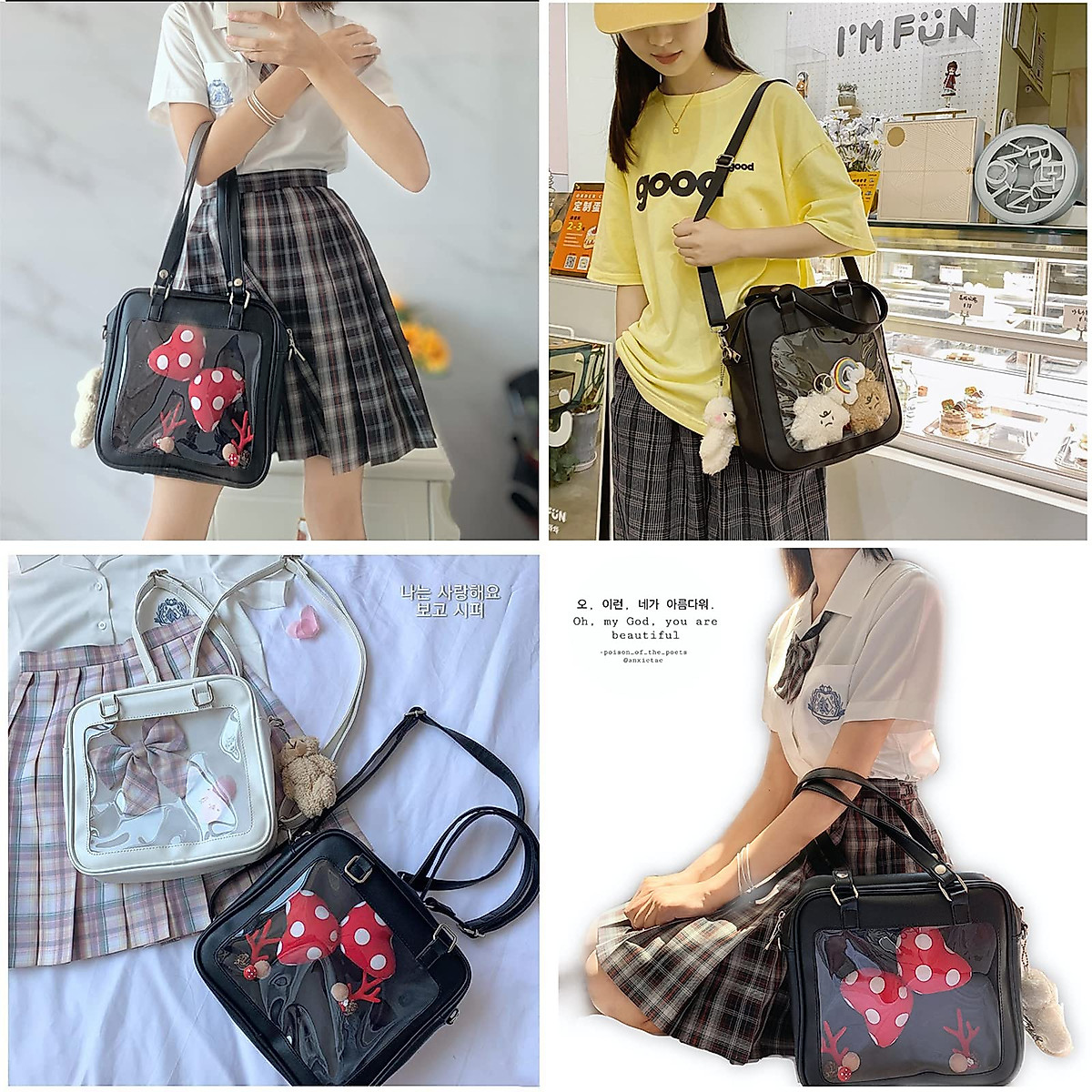 Women Ita Handbag, Tote Purse with Cute Clear Pins Display Window, Ita Shoulder Bag, Black