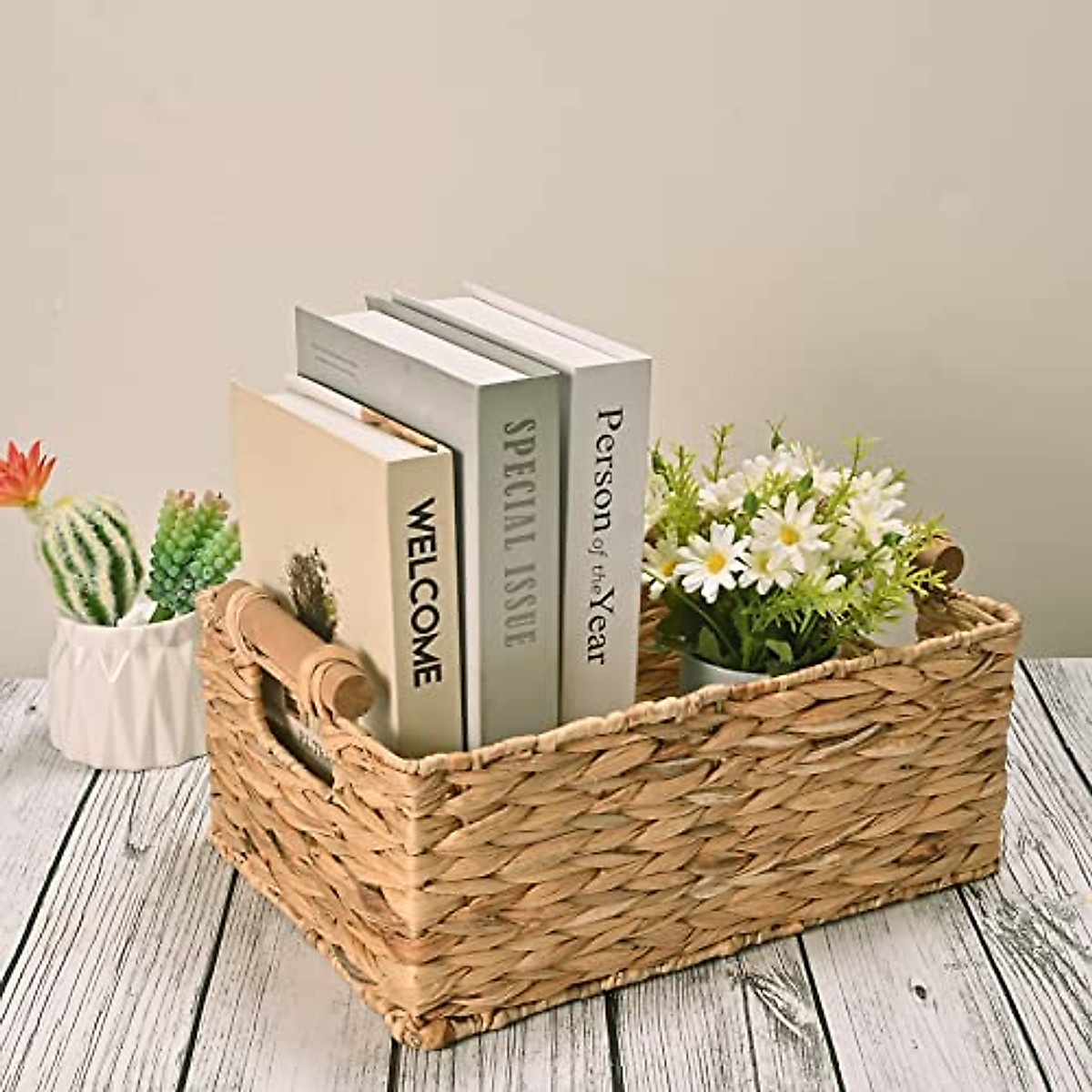 Donmills Wicker Storage Basket Rectangular with Wooden Handles for Shelves, Natural Water Hyacinth Handmade Pantry Basket Storage for Organizing, Woven Cube Storage Bin with Chalkboard Label