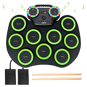 Electronic Drum Set, 9 Drum Pads, Roll up Electric Drum Set with Headphone Jack, Built-in Dual Speaker, Drum Stick, Foot Pedals, Best Gift for Christmas Holiday Birthday