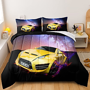 BDUCOK Cool Racing Car Comforter Set Queen Size,Sports Car Bedding Set for Kids Boys Teen Adult Extreme Speed Race Bedding Sets Car Theme Bedroom Decor (Car 30012-Queen Size 1Comforter 2Pillowcases)