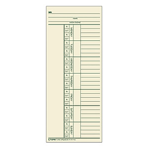 TOPS Time Cards, Weekly, 2-Sided, Named Days, 3-3/8" x 8-1/4", Manila, Green/Red Print, 500-Count (1260)