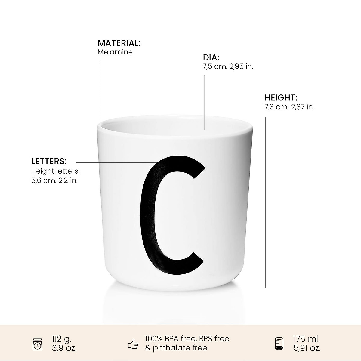 Design Letters Melamine Sippy cups for Baby 7 Oz A-Z | Kids Cups Designed in Denmark Reusable Cup for Baby 6+ Month|Learning Cup BPA/BPS Free | Children Drinking Cup Dishwasher Safe, Toddler Cup White