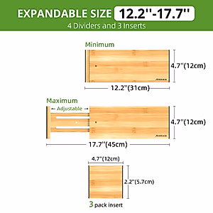 ANTOWIN 4 Pack Expandable Drawer Dividers, 4.7'' High, Extend from 12.2'' to 17.7'', Dresser Drawer Organizers, Bamboo Separators for Kitchen, Bedroom, Office, Bathroom (Natural)