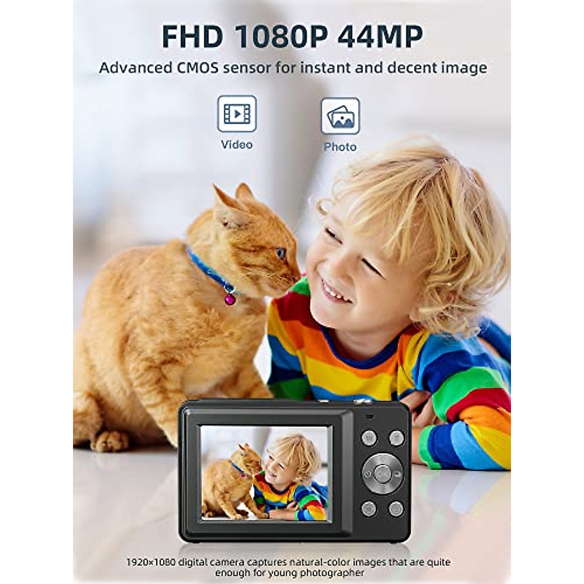 Digital Camera, FHD 1080P Kids Camera 44MP Point and Shoot Digital Cameras with 32GB SD Card, 16X Zoom, Two Batteries, Lanyard, Compact Small Camera for Kids Boys Girls Teens Students Seniors-Black