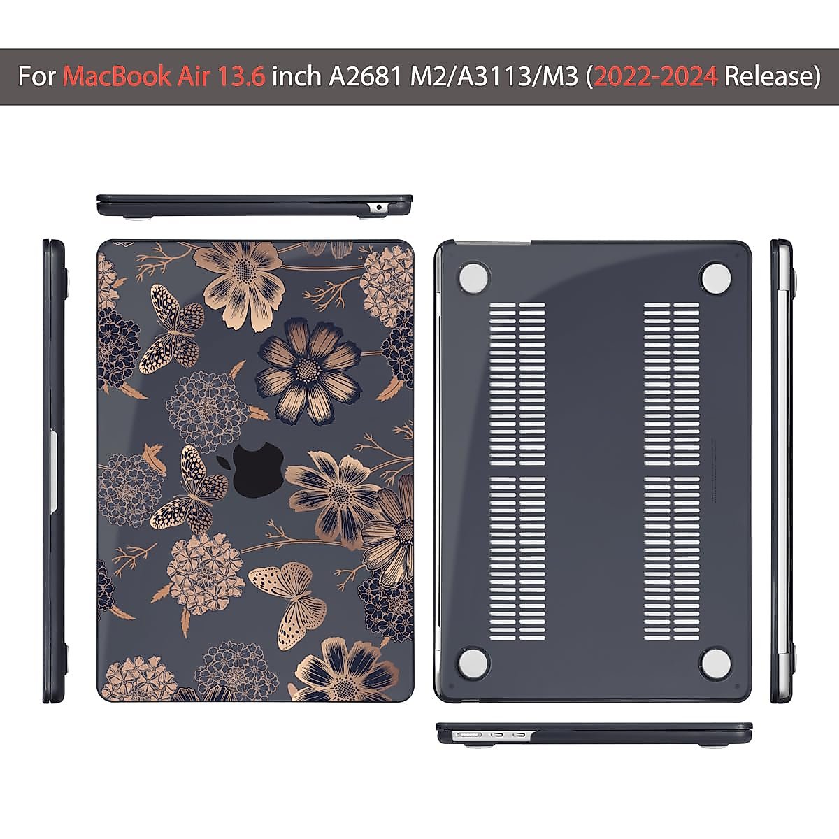 Teryeefi for MacBook Air M2 M3 13.6 Case 2022 2023 2024 Release A2681 A3113, Clear Hard Shell with Keyboard Cover & USB 3.0 Adapter & Screen Protector, Gold Floral Butterfly