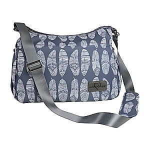 Diaper Bag Purse & matching Changing Pad in Premium Gray Nylon w/ 11 Pockets Insulated for Baby Bottles Silver Tone Hardware Perfect Spacious Crossbody Hobo Bags for Moms Grey Feathers Stroller Straps