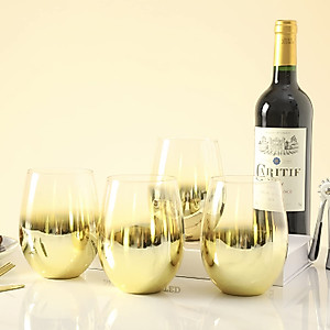 MyGift Brass Metallic Gradient Stemless Wine Glass Set of 4, Wine Glasses for Red or White Wine