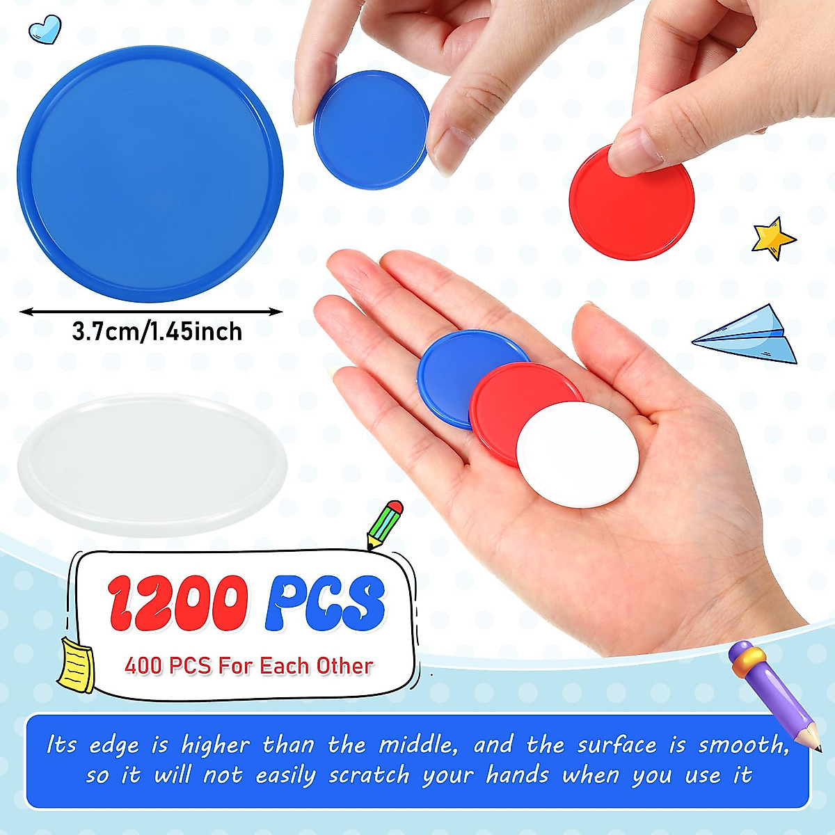 Wettarn 1200 Pcs Plastic Poker Chips 1.45 Inch Game Chips 3 Colors Poker Chip Set Bingo Chips Blank Counting Chips or Adults Kids Poker Game Counters Learning Math Counting Play, Red, Blue, White