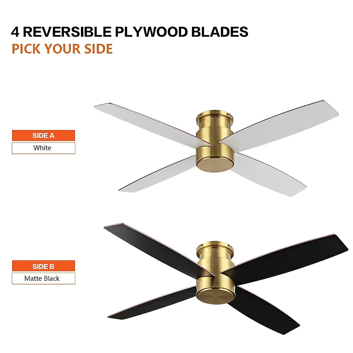 WINGBO 52" Flush Mount DC Ceiling Fan Without Lights, 4 Reversible Blades, Ultra Quiet 6-Speed DC Motor, Hugger Low Profile Indoor Ceiling Fan No Lights, Brass Finish