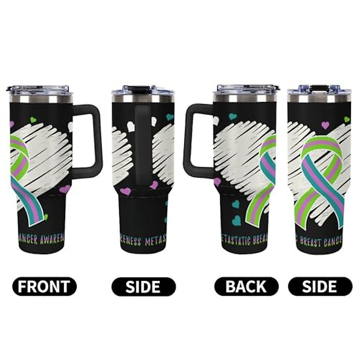 Metastatic Breast Cancer Awareness 3 40 Oz Tumbler with Handle And Straw Lid,Insulated Reusable Stainless Steel Travel Glass Mug 40 Ounces