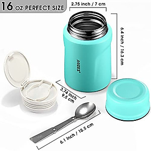AOZEX Thermos for Hot Food, 16 oz Insulated Food Jar Small Hot Food Thermos Lunch Container with Spoon, Kids Lunch Thermos Insulated Food Container Leak Proof Soup Thermos for Adults, Green
